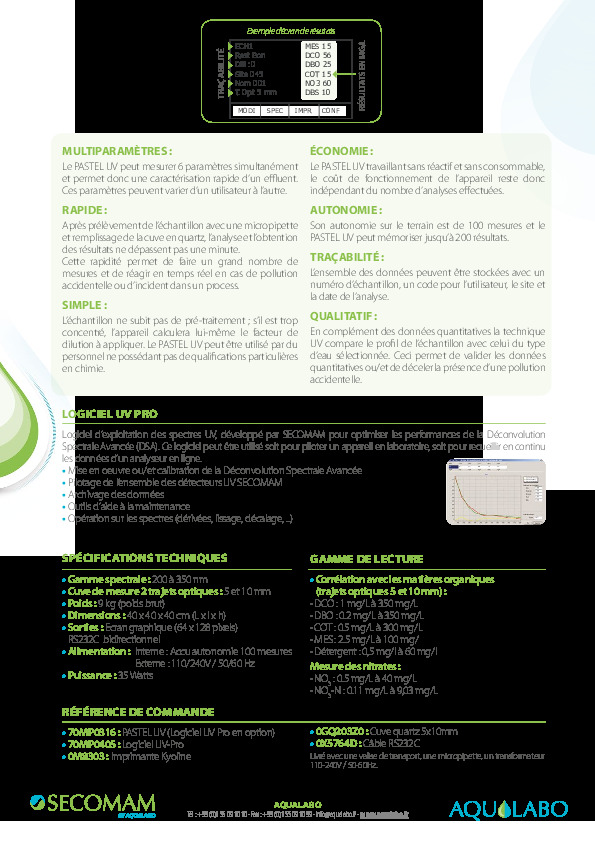 Brochure - Fiche technique analyseur multiparamètres uv_dco dbo cot no3_pastel uv - Aqualabo ...