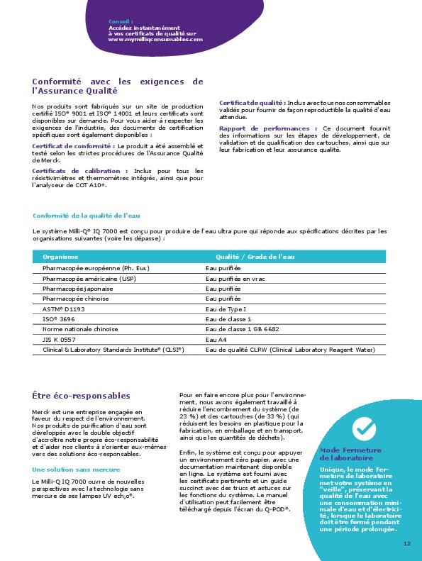PDF - Brochure milli-q iq 7000 - Merck millipore - FranceEnvironnement
