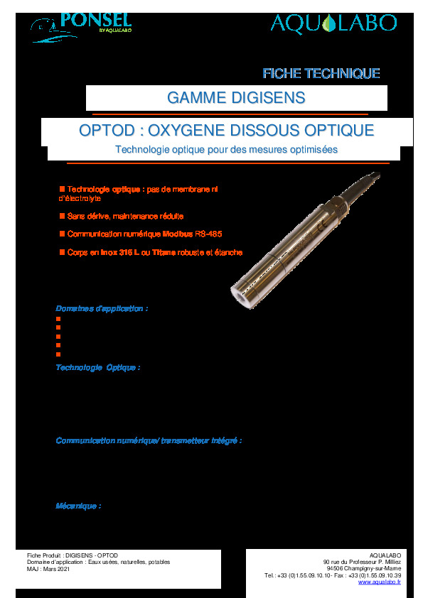 Brochure - Fiche technique optod oxygène dissous - Ponsel ...