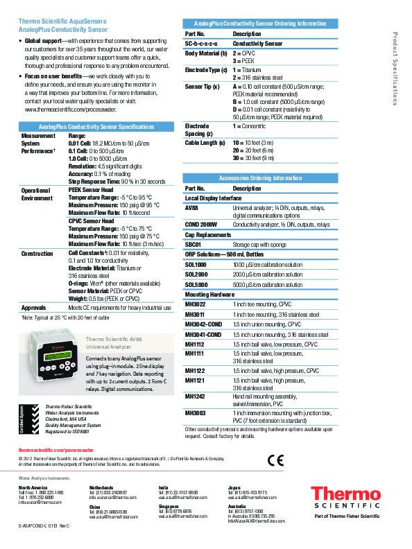 PDF - Aquasensors-analogplus-cond spec sheet - Thermo fisher scientific ...