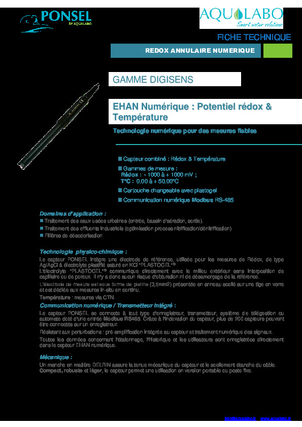 Brochure - Fiche technique capteur rédox - Ponsel - FranceEnvironnement